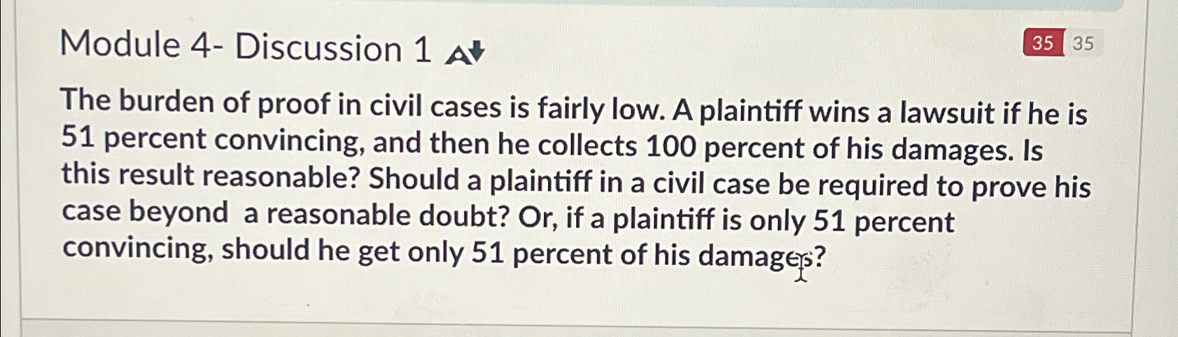 Solved Module 4- ﻿Discussion 1 ﻿A3535The burden of proof in | Chegg.com