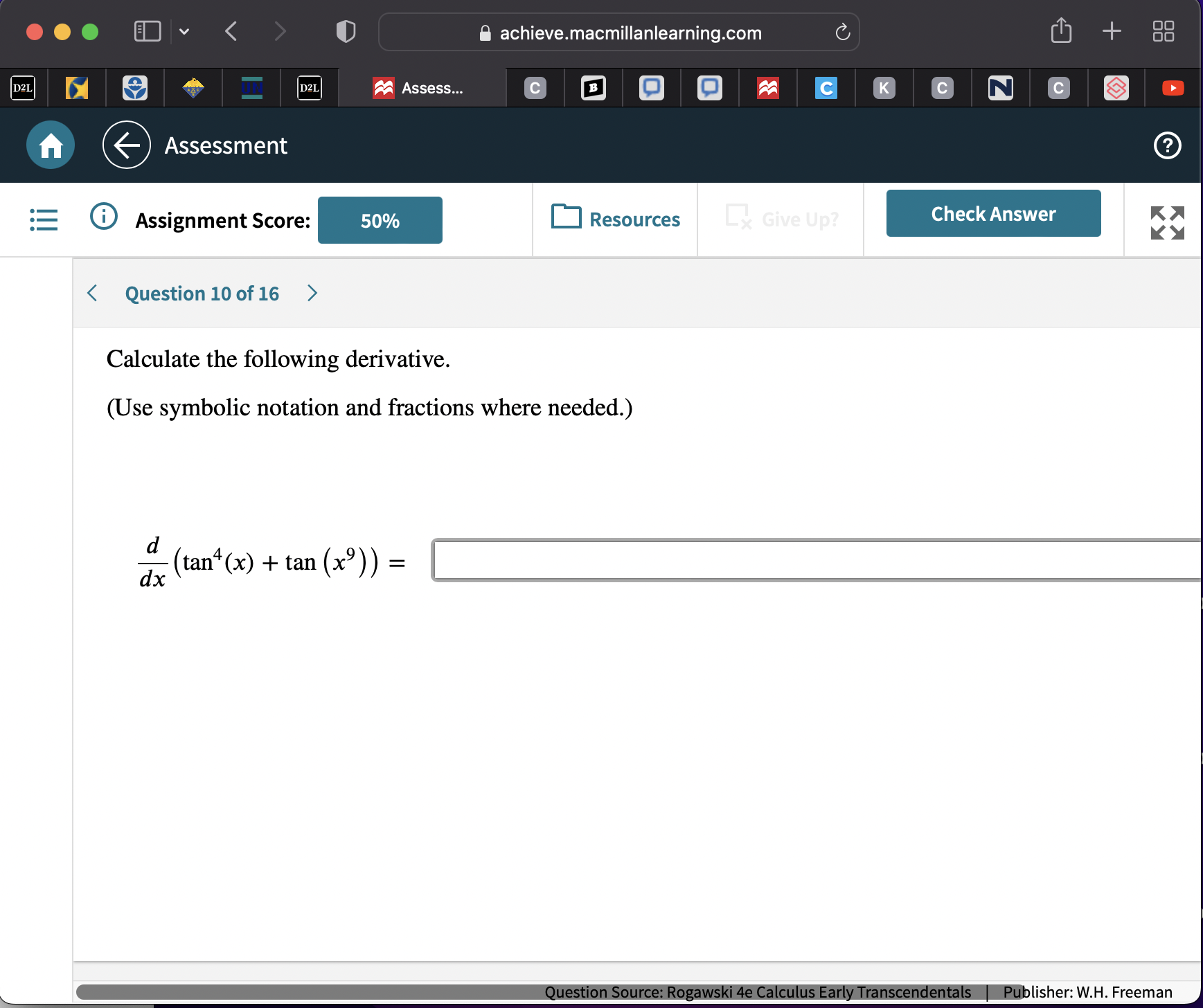 Solved Calculate the following derivative.(Use symbolic | Chegg.com