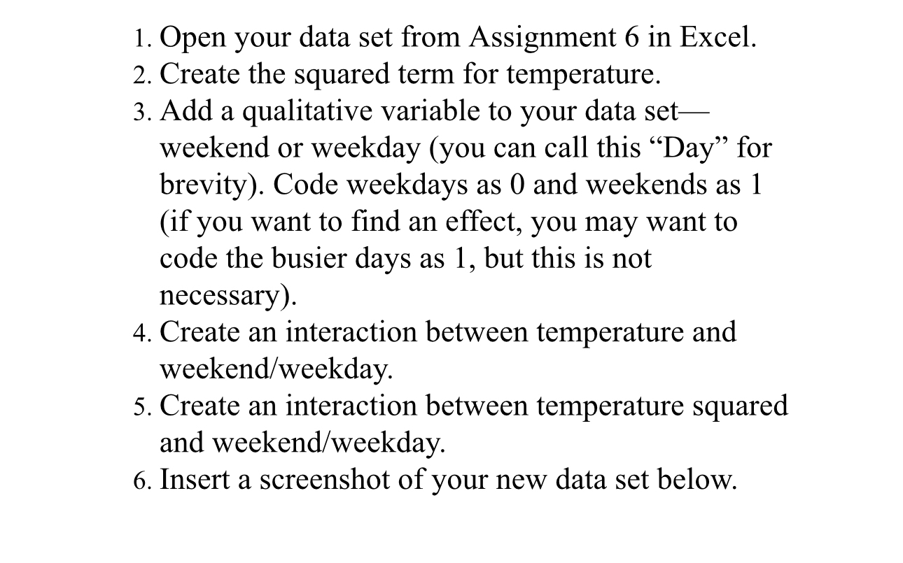 Solved Open your data set from Assignment 6 ﻿in Excel.Create | Chegg.com