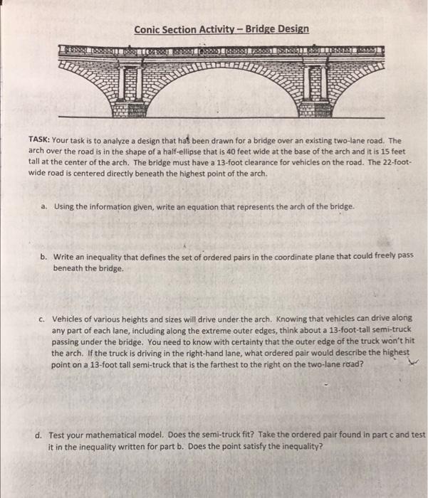 Conic Section Activity - Bridge Design - MA! TASK: | Chegg.com