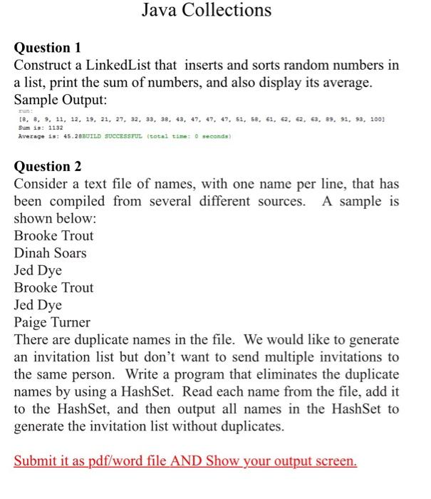 Solved Java Collections Question 1 Construct a LinkedList | Chegg.com