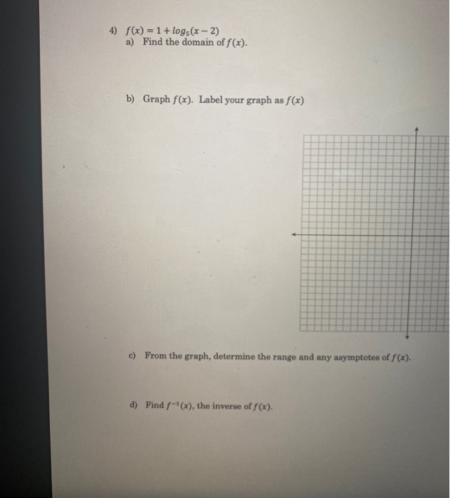 Solved 4) f(x) = 1 + logs(x - 2) a) Find the domain of f(x). | Chegg.com