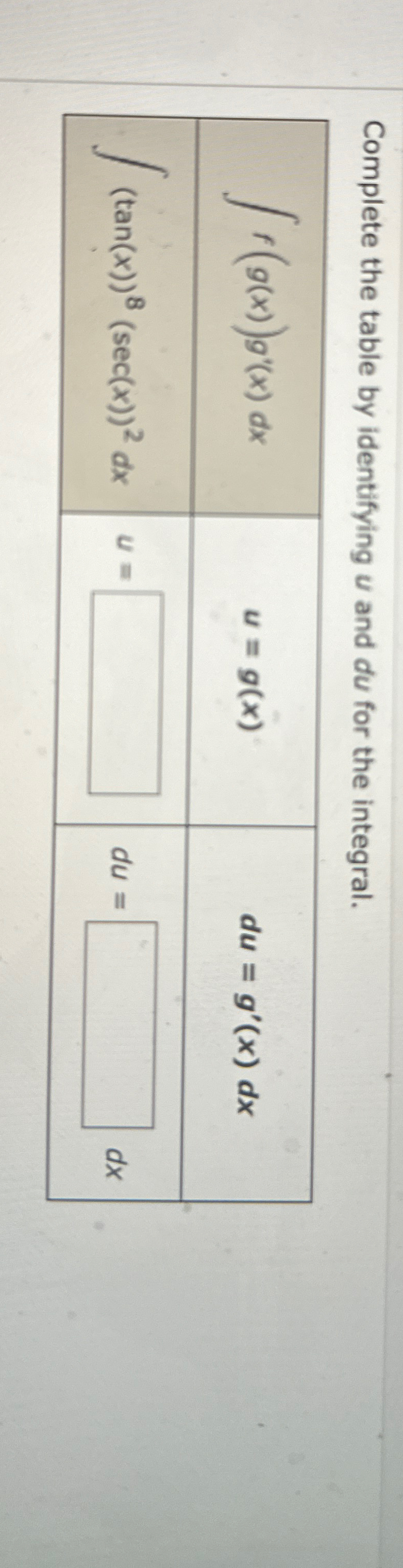 Solved Complete the table by identifying u ﻿and du ﻿for the | Chegg.com
