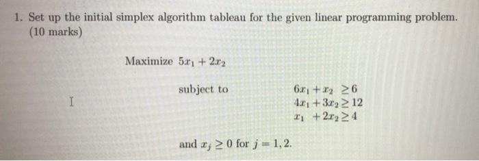 Solved 1. Set up the initial simplex algorithm tableau for | Chegg.com