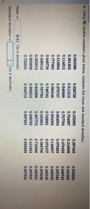 Solved e. Using 50 random numbers given below, compute the | Chegg.com