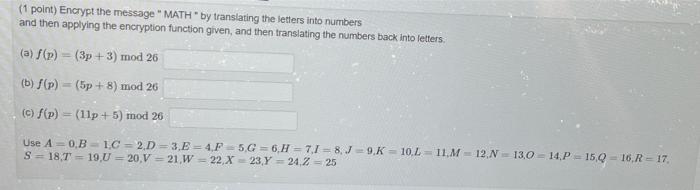 Solved (1 point) Encrypt the message " MATH by translating | Chegg.com