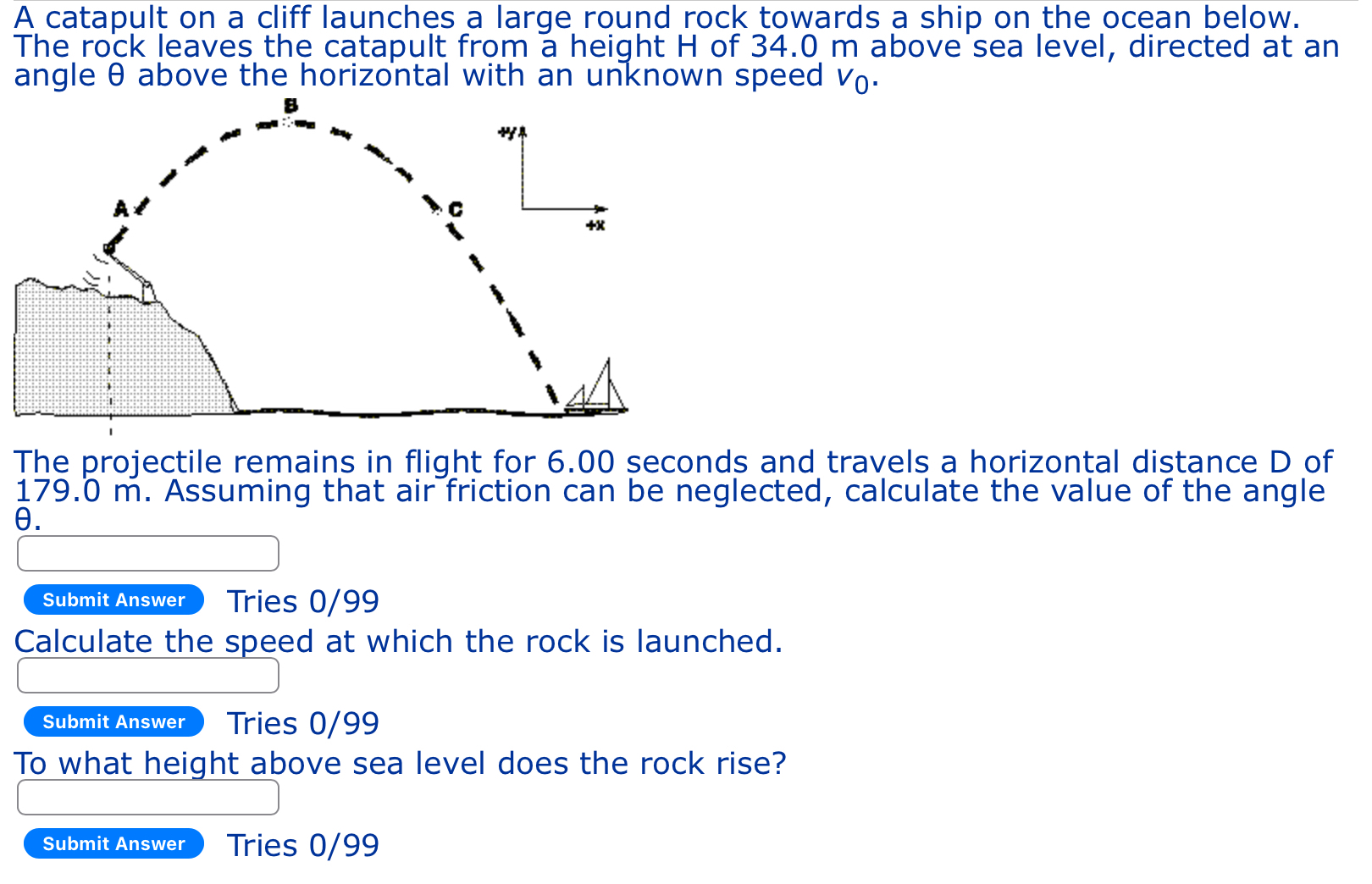 Solved A catapult on a cliff launches a large round rock | Chegg.com