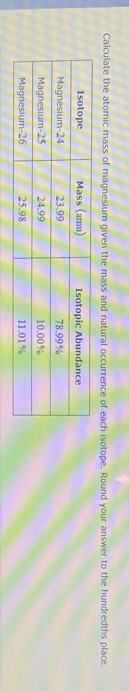 Solved Calculate the atomic mass of magnesium given the mass | Chegg.com