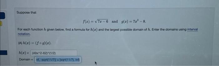 Solved Suppose that f(x)=7x−6 and g(x)=7x2−8. For each | Chegg.com