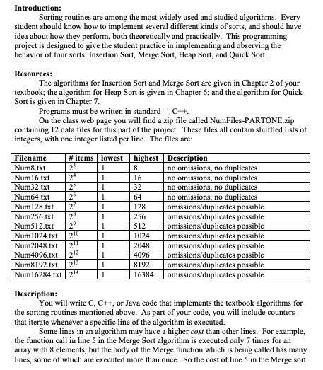 Solved Introduction: Sorting routines are among the most | Chegg.com