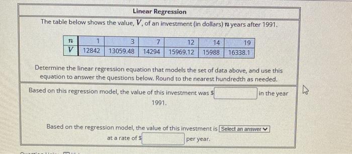 Solved The table below shows the value, V, of an investment | Chegg.com