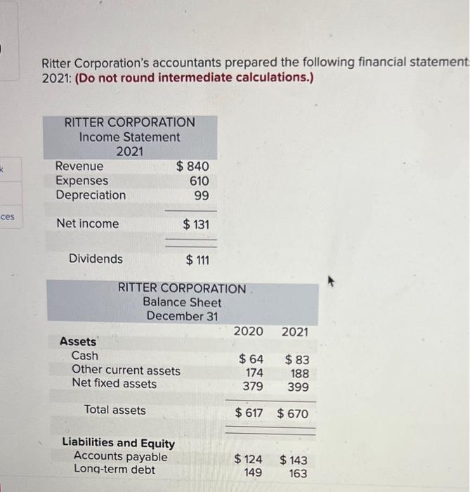 Solved Ritter Corporation's accountants prepared the | Chegg.com