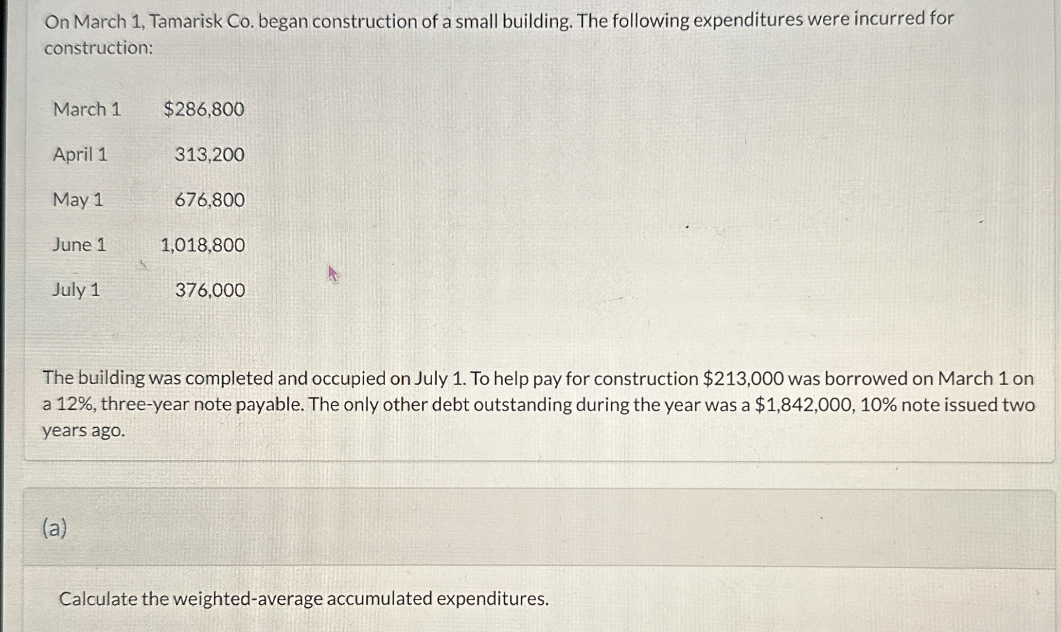 Solved On March 1, ﻿Tamarisk Co . ﻿began construction of a | Chegg.com