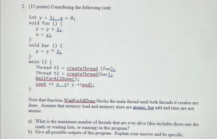 Solved 2. (15 points) Considering the following code int y | Chegg.com