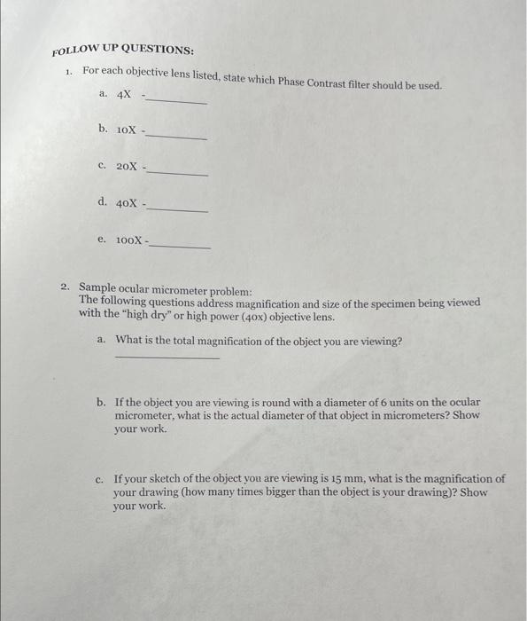 Solved FOLLOW UP QUESTIONS: 1. For each objective lens | Chegg.com