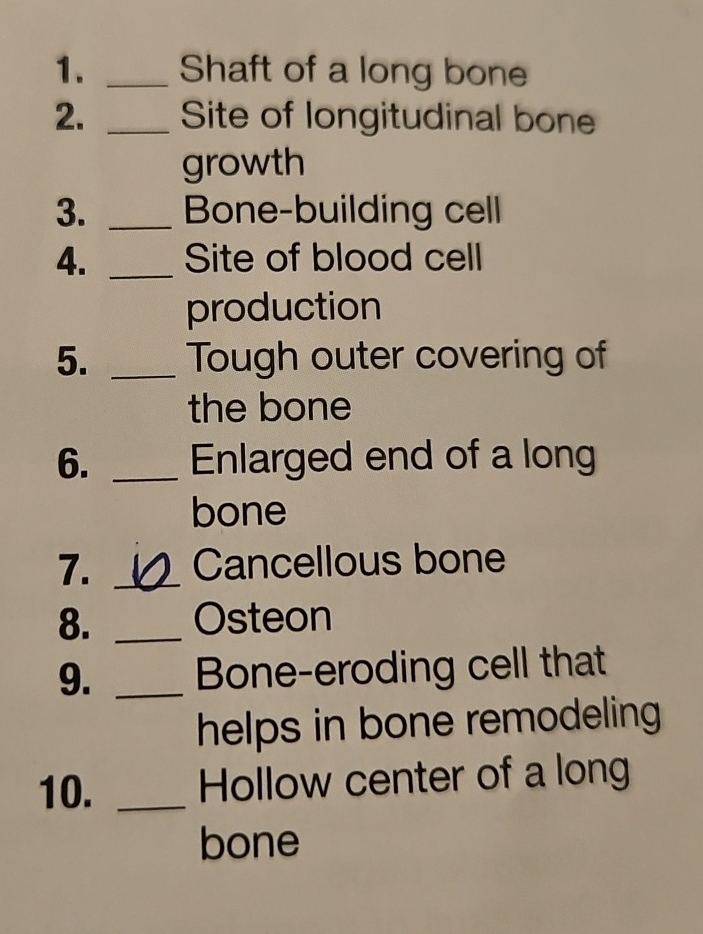Solved Shaft of a long boneSite of longitudinal bone | Chegg.com