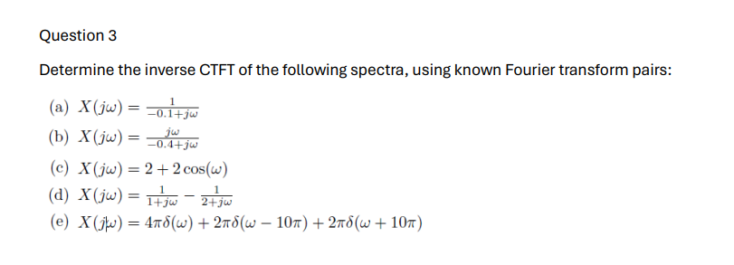 Solved Question 3Determine the inverse CTFT of the following | Chegg.com