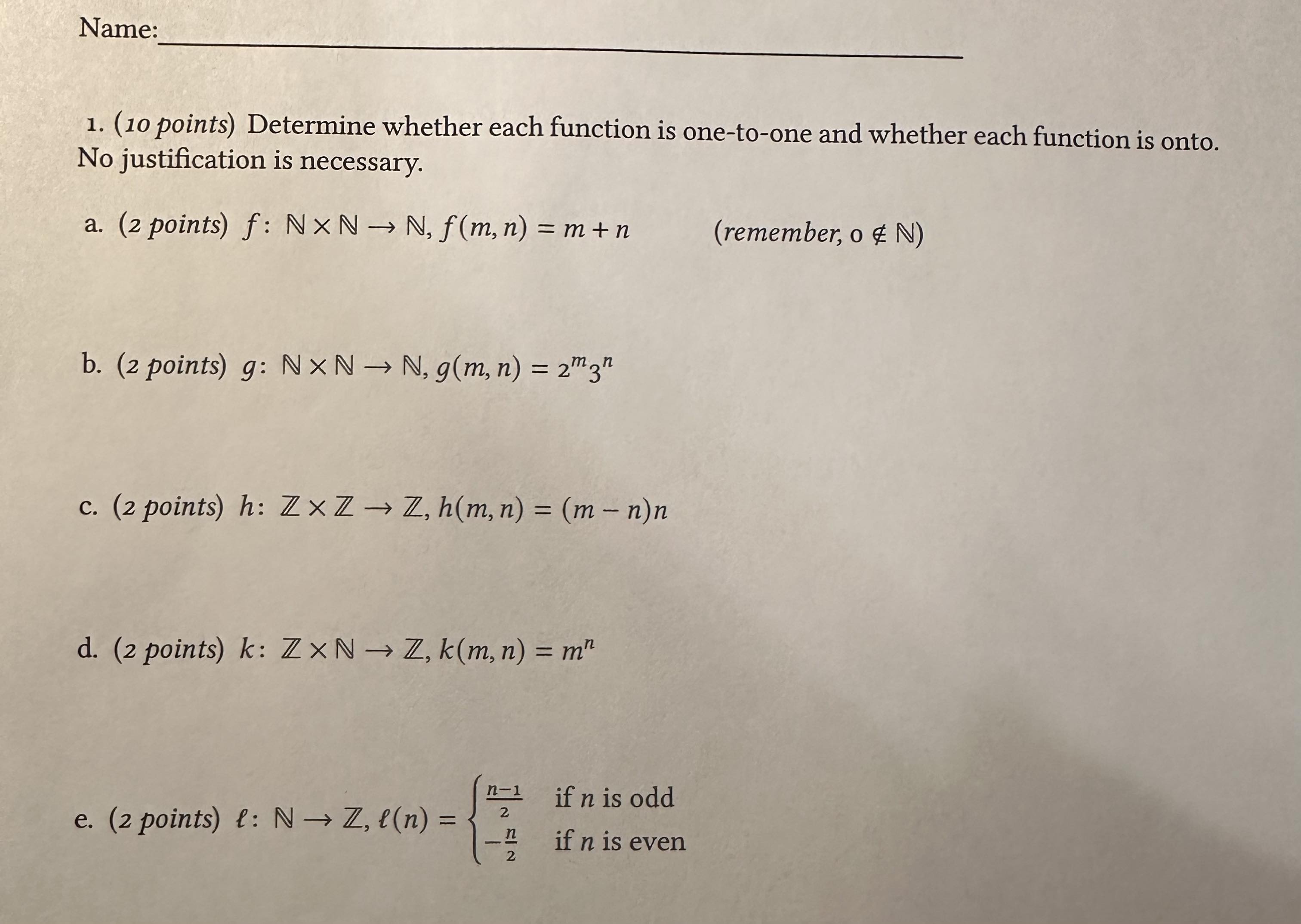 Solved Name:(10 ﻿points) ﻿Determine whether each function is | Chegg.com