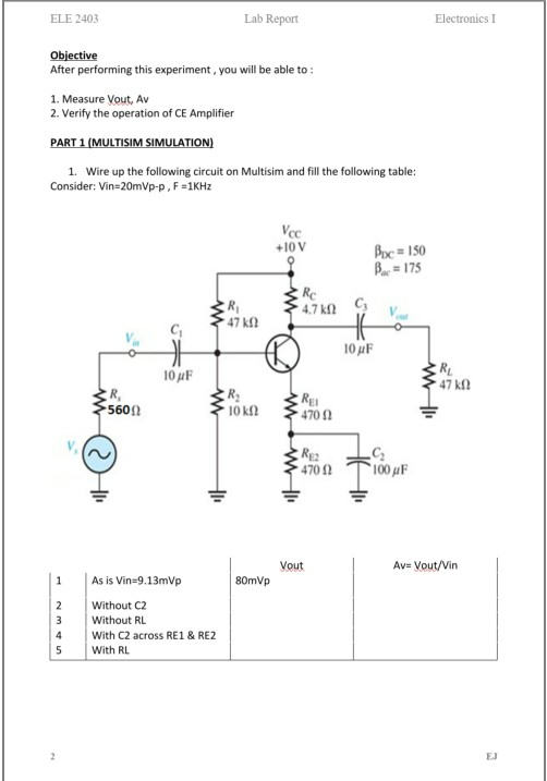 Solved ELE 2403 Lab Report Electronics I Objective After | Chegg.com