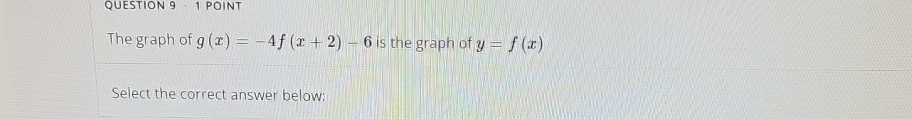 Solved QUESTION 9 . 1 POINTThe graph of g(x)=-4f(x+2)-6 is | Chegg.com Solved QUESTION 9 . 1 POINTThe graph of g(x)=-4f(x+2)-6 is | Chegg.com