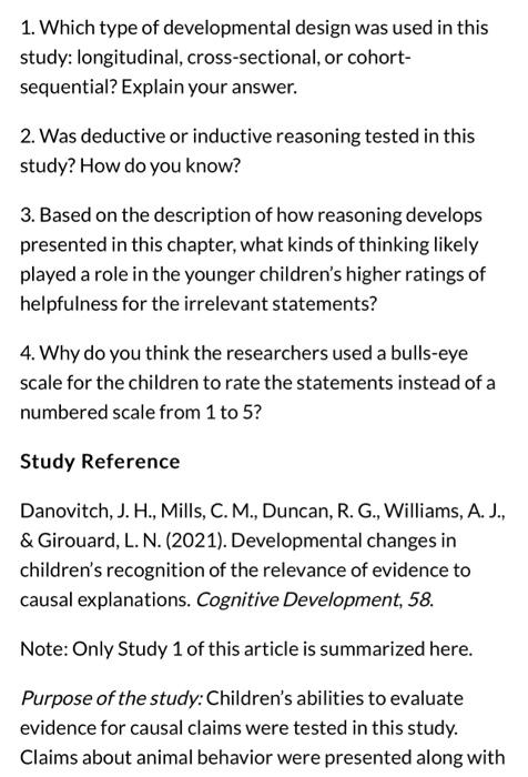 Solved 1. Which type of developmental design was used in | Chegg.com