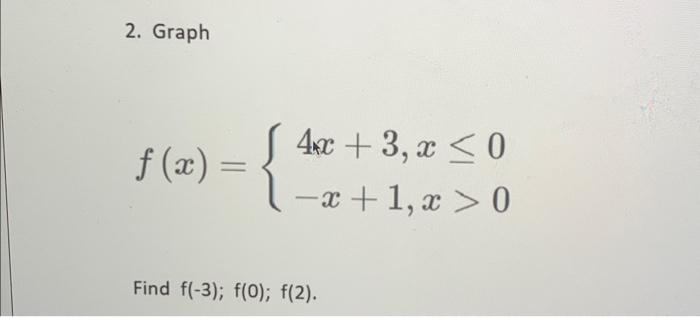 Solved 2. Graph f(x)={4k+3,x≤0−x+1,x>0 Find f(−3);f(0);f(2). | Chegg.com
