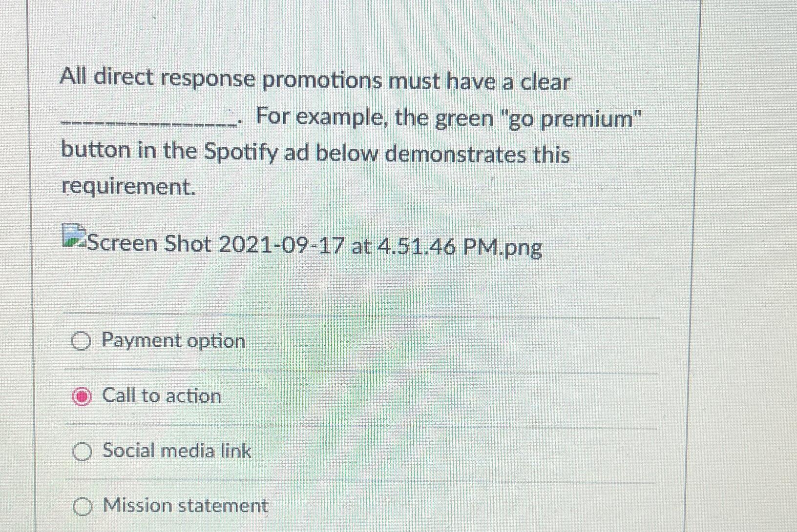 Solved All direct response promotions must have a clear For | Chegg.com