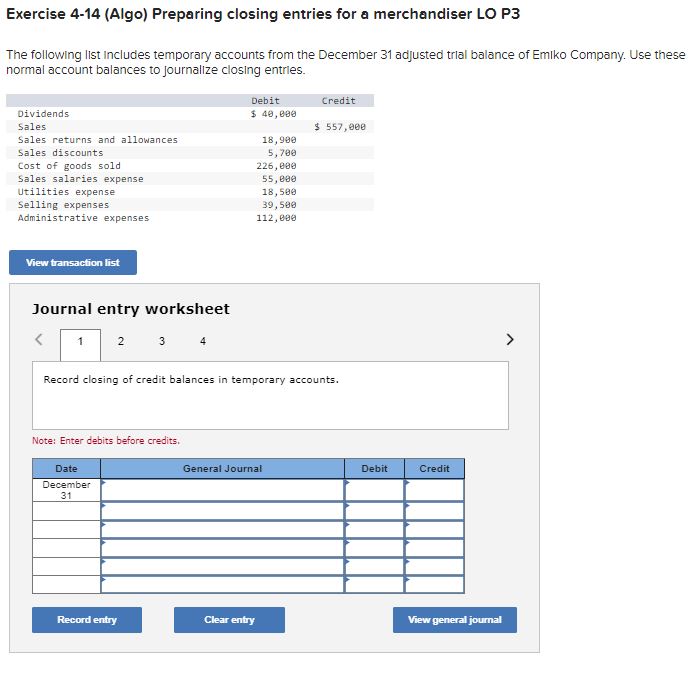 Solved Exercise 4-14 (Algo) ﻿Preparing closing entries for a | Chegg.com