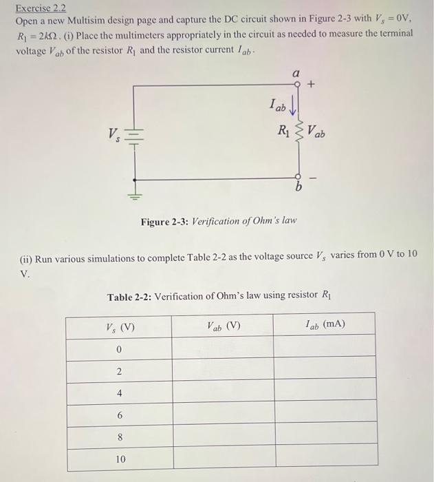 Solved Exercise 2.2 Open a new Multisim design page and | Chegg.com
