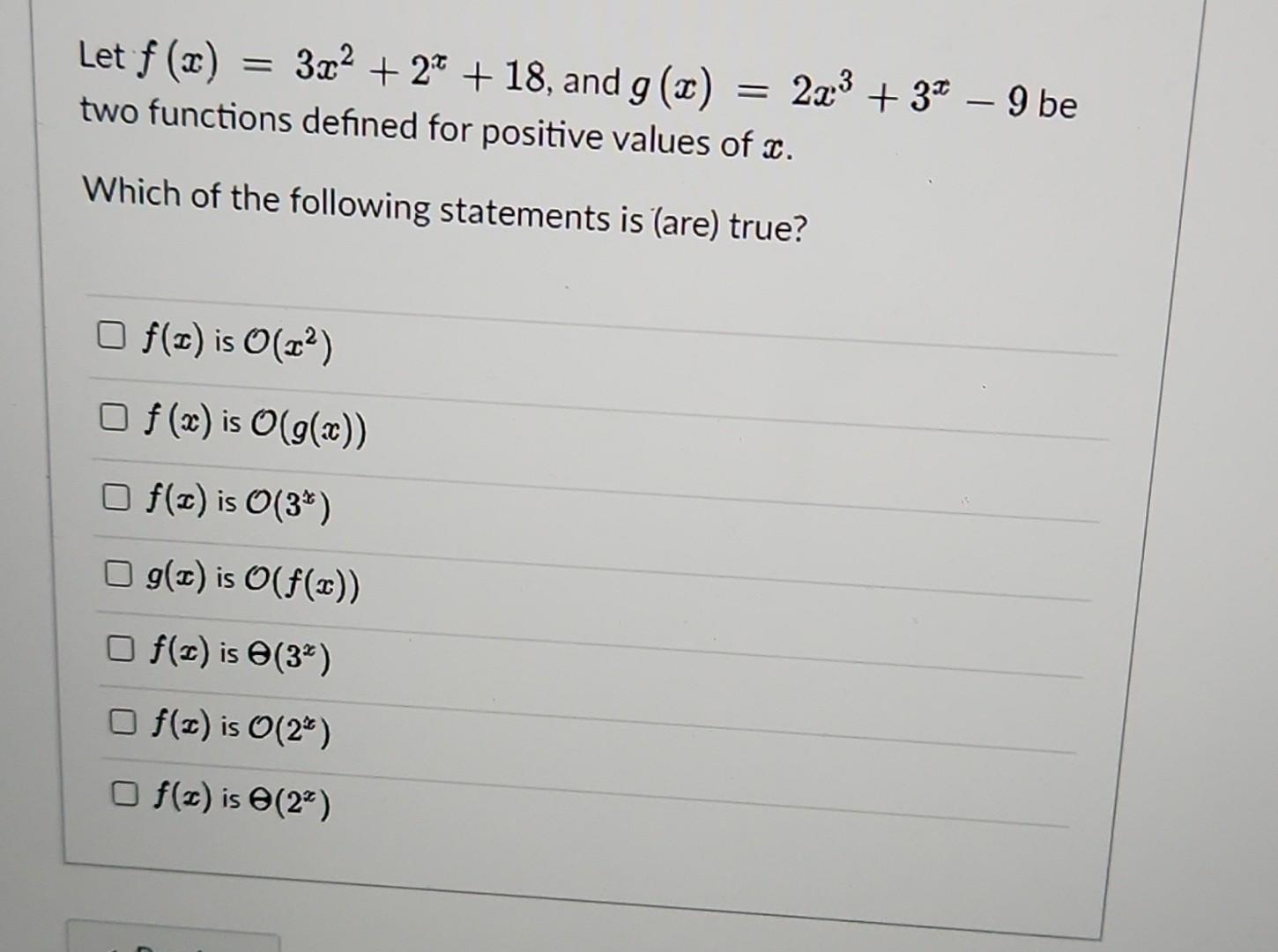 Solved Let f(x)=3x2+2x+18, and g(x)=2x3+3x−9 be two | Chegg.com
