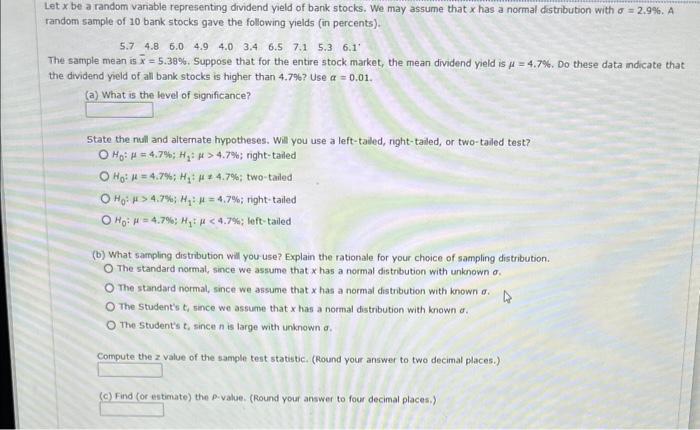 Solved x be a random variable representing dividend yield of | Chegg.com