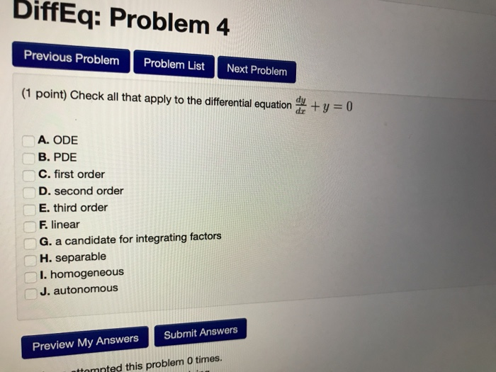 Solved DiffEq: Problem 4 Previous Problem Problem List Next | Chegg.com