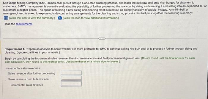 San Diego Mining Company (SMC) mines coal, puts it | Chegg.com
