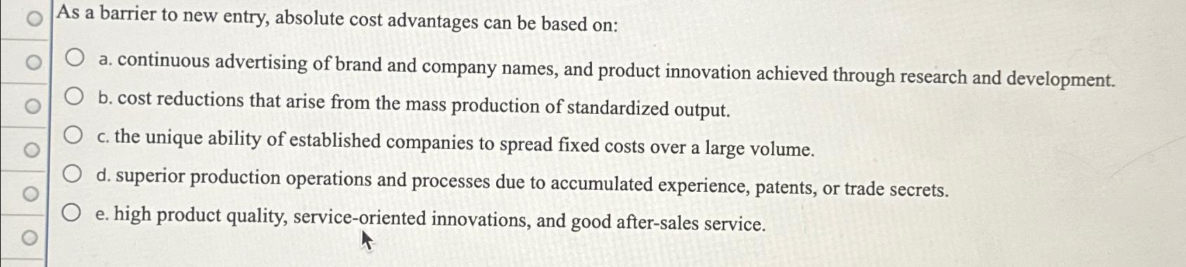 Solved As a barrier to new entry, absolute cost advantages | Chegg.com