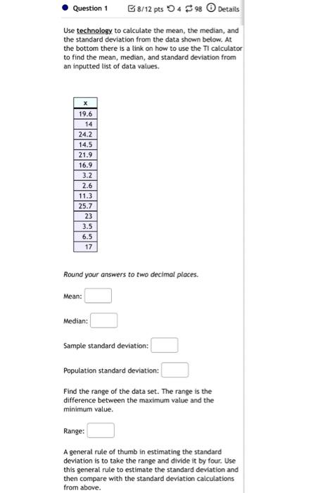 Solved 8/12 pts 4 98 ℗ Details Use technology to calculate | Chegg.com
