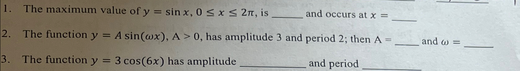 Solved The maximum value of y=sinx,0≤x≤2π, ﻿is and occurs at | Chegg.com