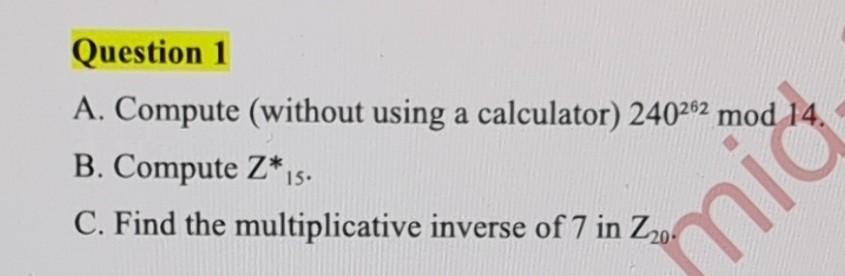 Solved Question 1 A. Compute (without using a calculator) | Chegg.com