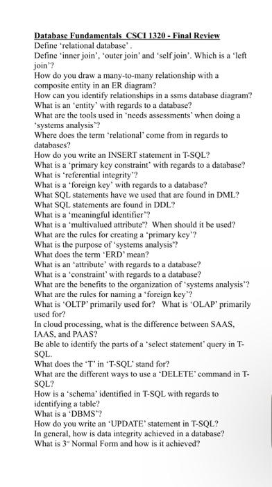 Solved I'm Database Fundamentals CSCI 1320 - Final Review | Chegg.com