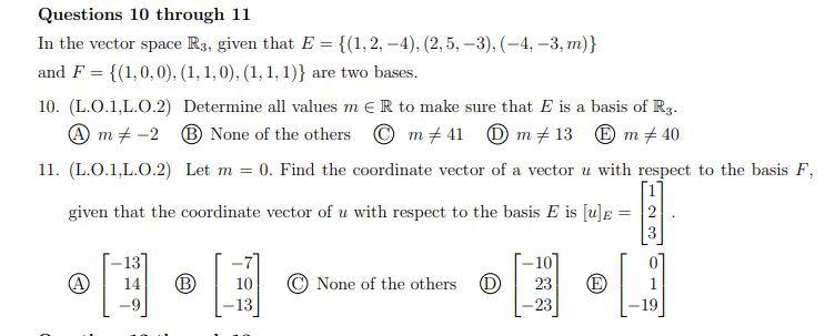 (L.O.1,L.O.2) ﻿Let m=0. ﻿Find the coordinate vector | Chegg.com