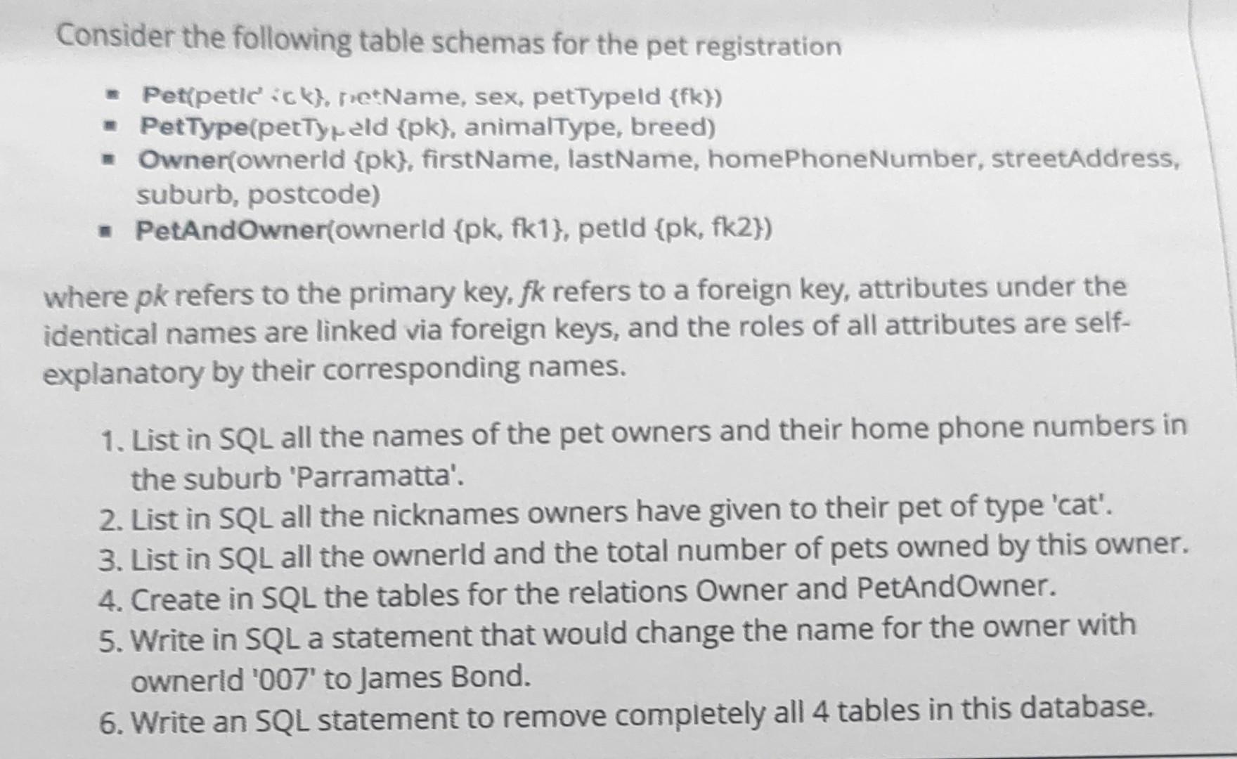Solved Consider the following table schemas for the pet | Chegg.com
