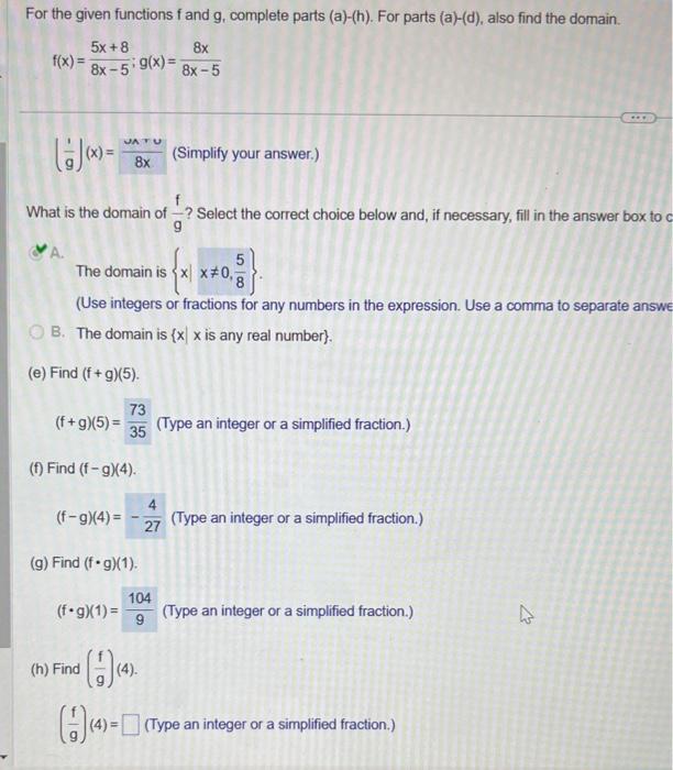 Solved For the given functions f and g, complete parts | Chegg.com