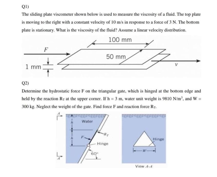 Solved Q1) The sliding plate viscometer shown below is used | Chegg.com