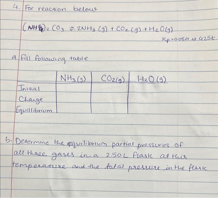 Solved 4. For reaction below (NH4)2CO3 = 2NH3 (9) + CO e (g) | Chegg.com