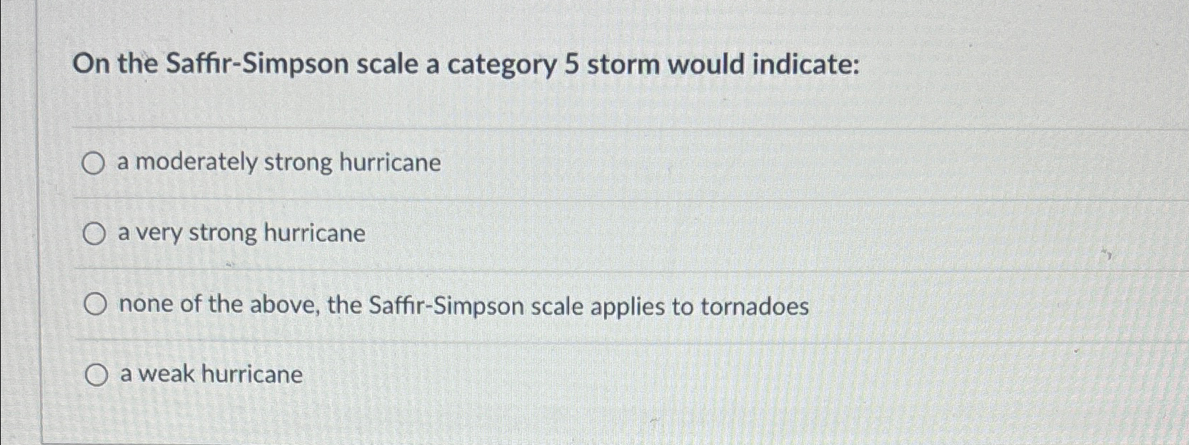 Solved On the Saffir-Simpson scale a category 5 ﻿storm would | Chegg.com