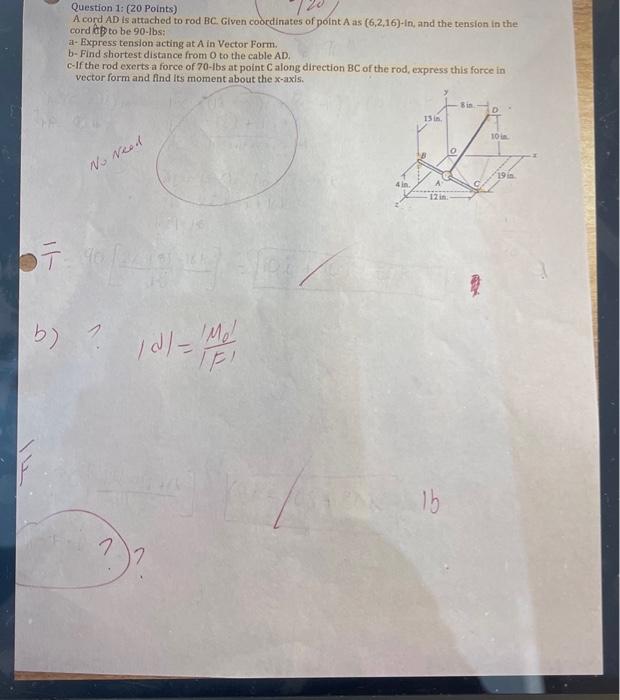 Solved Question 1: (20 Points) A cord AD is attached to rod | Chegg.com