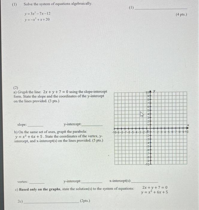 Solved (1) Solve the system of equations algebraically. (I) | Chegg.com