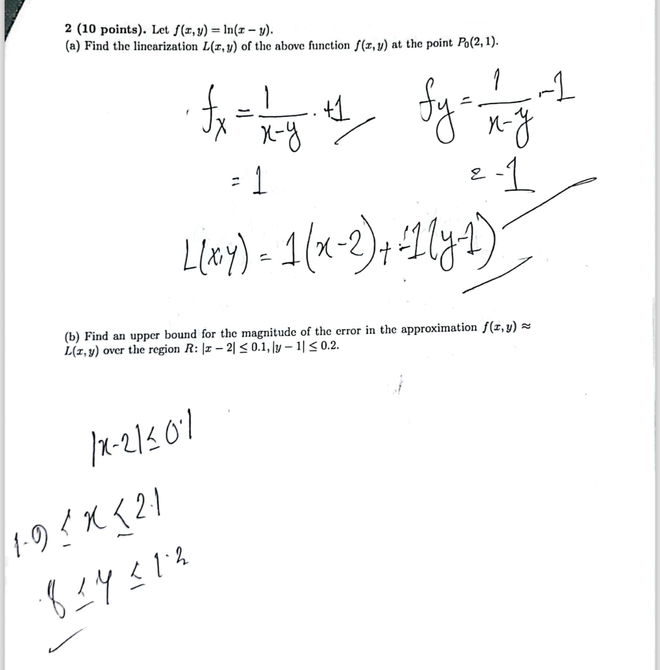 Solved 2 (10 ﻿points). ﻿Let f(x,y)=ln(x-y).(a) ﻿Find the | Chegg.com
