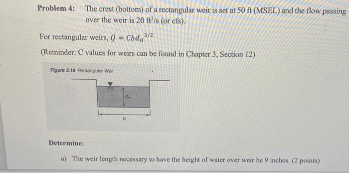 Solved Problem 4: The crest (bottom) of a rectangular weir | Chegg.com