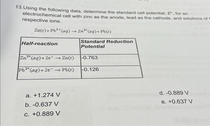 Solved 13 Using The Following Data Determine The Standard