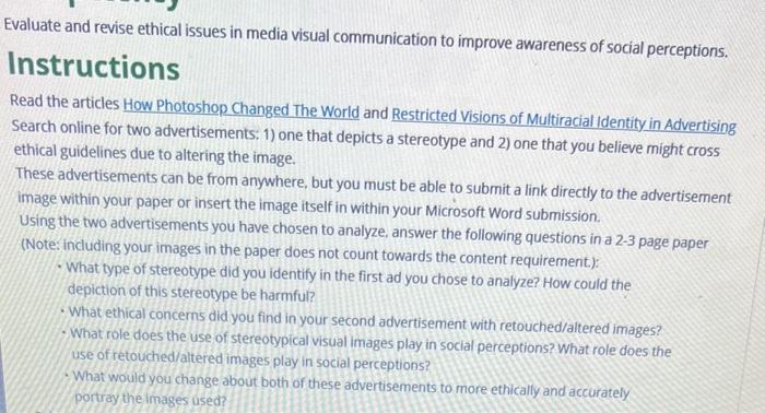 Evaluate and revise ethical issues in media visual | Chegg.com